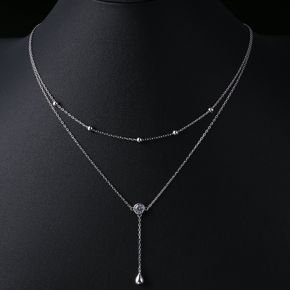 Teardrop Double Layered Necklace Sterling Silver Long Chain Y Lariat Necklace for Women Lady