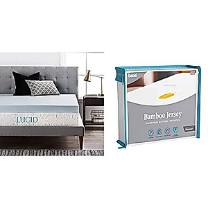 LUCID 4 Inch Gel Memory Foam Mattress Topper-Ventilated Design-Ultra Plush-King, Blue & Premium Rayon from Bamboo Jersey Mattress Protector - Ultra Soft - Waterproof - King