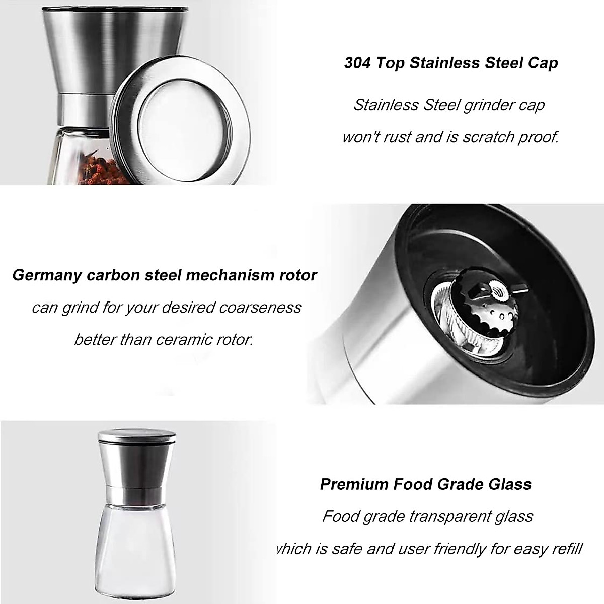 Ebaco Professional Pepper Grinder - with Germany Hardened Carbon Steel Mechanism Rotor, Refillable Pepper Mill 6OZ Glass Adjust Coarseness (1PCS-Sliver-304）