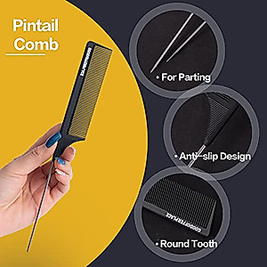 Goodofferplace 4PCS Hair Rat Tail Combs Carbon Parting Rattail Combs Teasing Fine Tooth Comb Metal Hair Pick Detangling Combs Set for Women,Girls for Curly,Braiding,Styling Hair(Black)