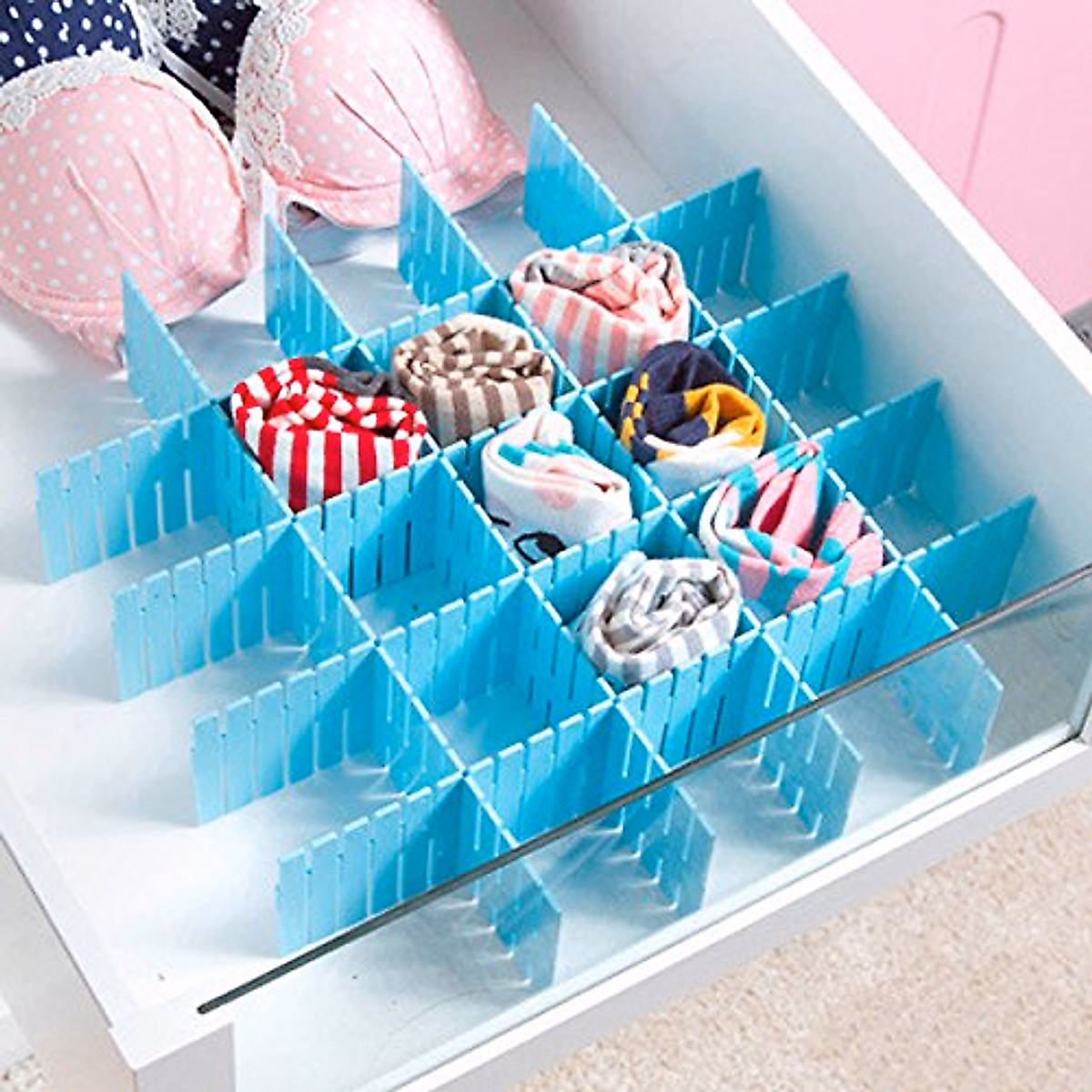 NewFerU Drawer Organizer Grid Dividers X 32, Adjustable Plastic DIY Partition Separators, Storage Box Tidy Inserts for Underwear Sock Bra Tie Scarf Tshirt Ornament Makeup Kitchen Cutlery (Blue)