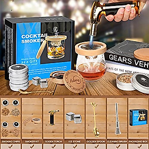 Adoay Cocktail Smoker Kit, Drink Smoker Gifts for Men w/4 Wood Chips/Torch/Whiskey Stones, Old Fashioned Smoker Kit Smoker Accessories for Whisky Smoker Bar Set Birthday Gifts