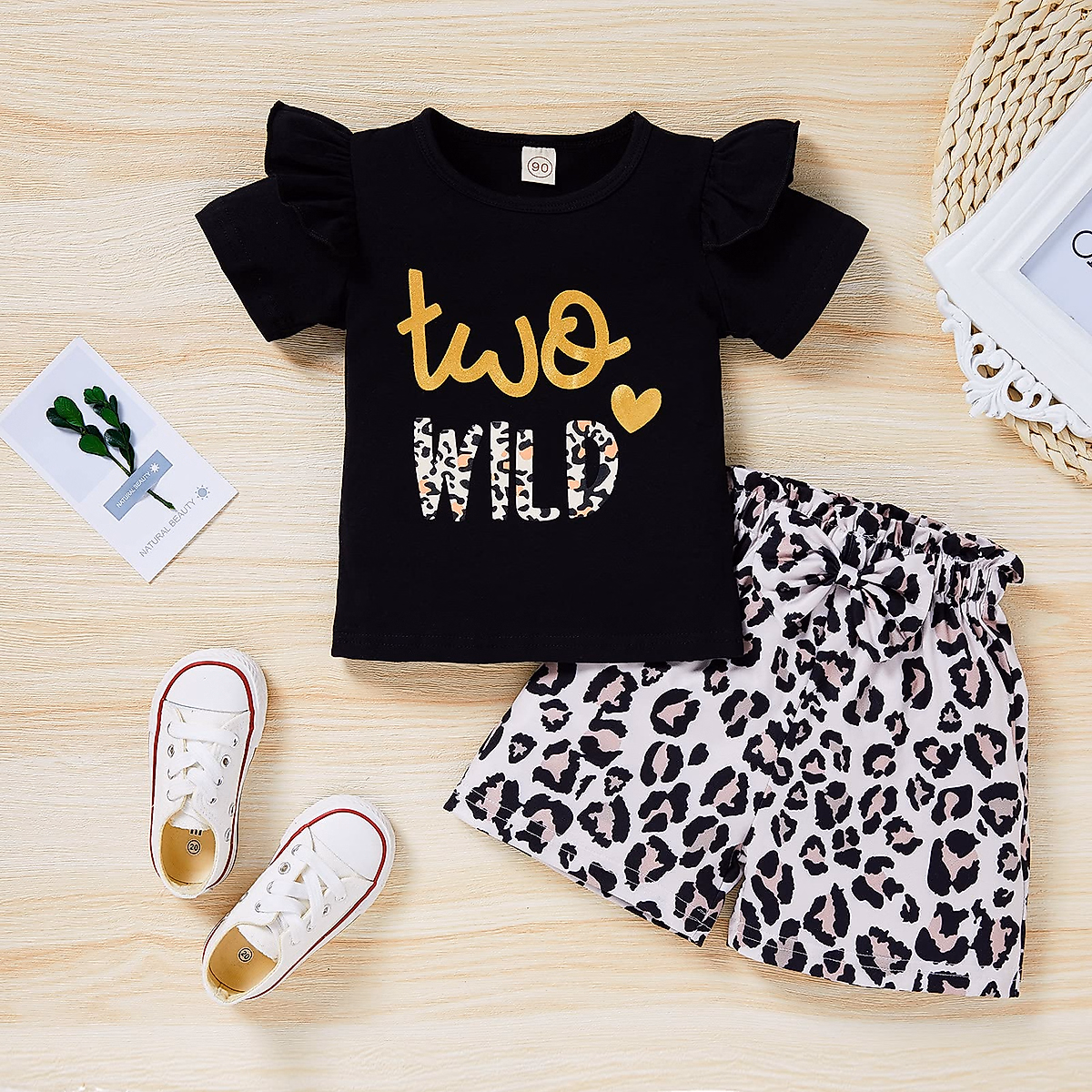 Viworld Baby Girl Two Birthday Outfits Ruffle Sleeve Wild Two Top + Leopard Shorts Set Cake Smash Summer Clothes（Leopard,2T