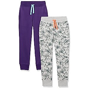 Amazon Essentials Boys' Fleece Jogger Sweatpants (Previously Spotted Zebra), Pack of 2, Grey Birds/Purple, Medium
