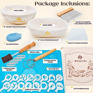 Reggimi Banneton Bread Proofing Basket Set - 27 Piece Bread Making Kit with Round and Oval Proofing Baskets for Sourdough Bread Baking, Lame, Dough Scraper, Whisk, Silicone Mat, Stencils, and More