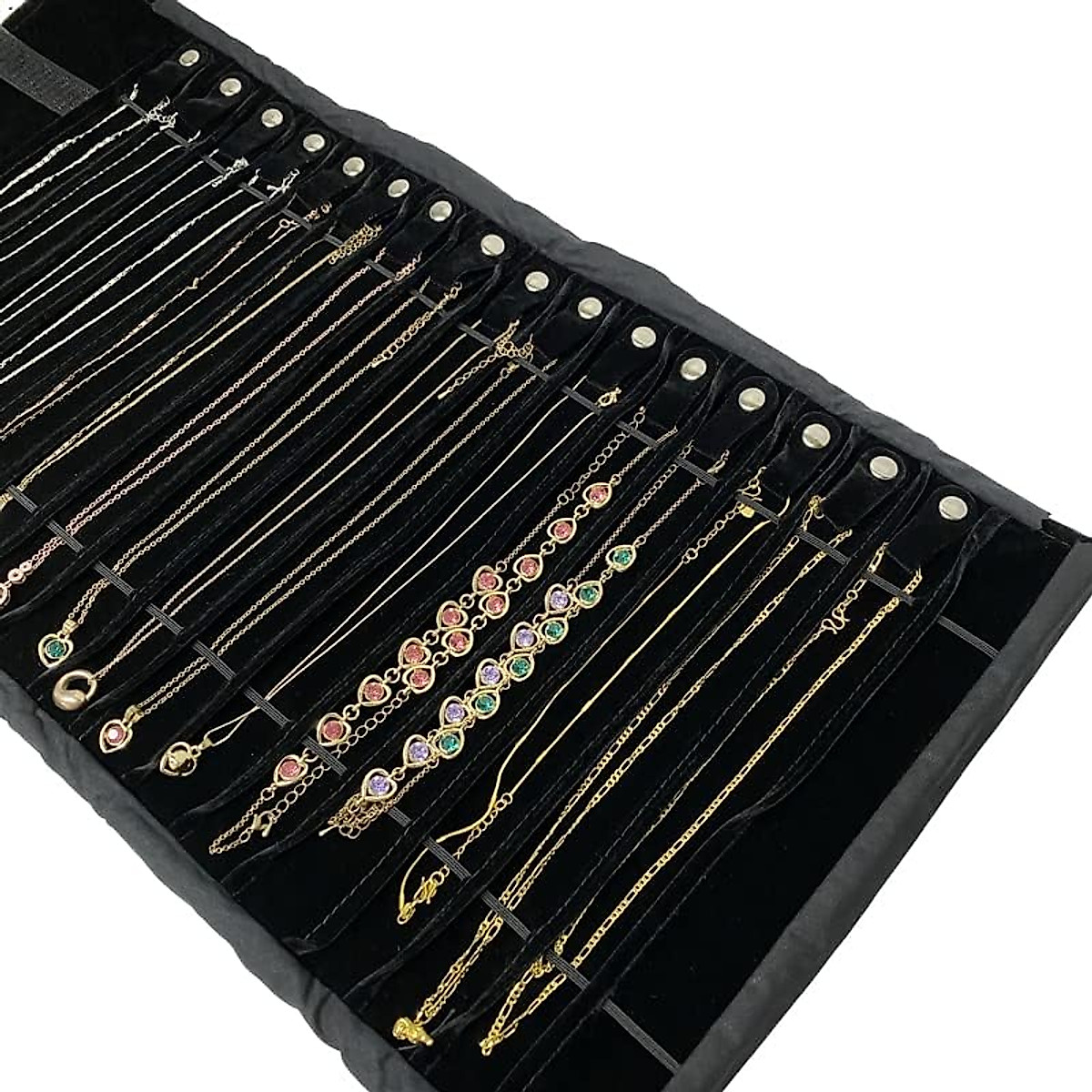 SCIKHEFT Portable Jewelry Roll Untangled Secure Necklace Travel Storage Bag Displays Holder 16 Chain (black PU and velvet)