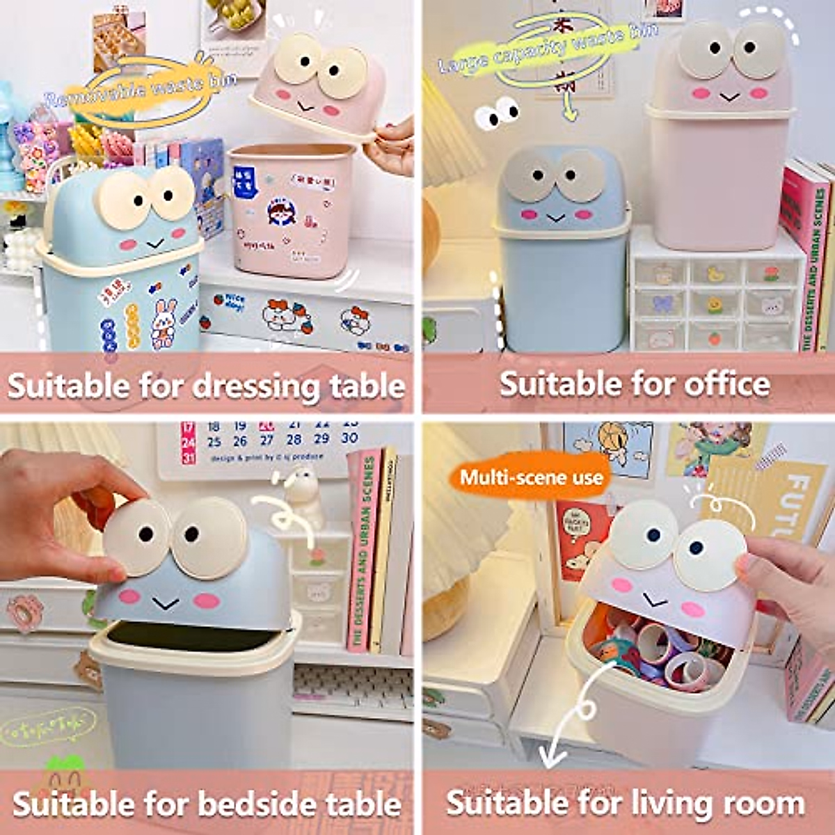 Benshukam Mini Frog Desktop Trash Can Cute Small Trash Can with Lid Flip Trash Can for Bathrooms, Kitchens, Offices, Waste Basket for Dressing Table(Pink)