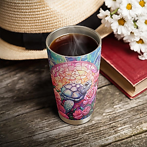 20oz Stained Glass Flower Sea Turtle Tumbler, Gifts for Turtle Lovers, Ocean, Beach Gifts, Coffee Thermos for Women, Stainless Steel Double Wall Vacuum Insulated Coffee Mug, Travel Cup with Lid