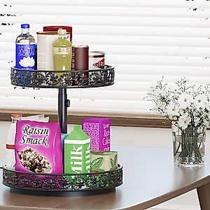Two Tier Lazy Susan Organizer Turntable Height Adjustable, 2 Tier Lazy Susan 12 Inch Metal Easy Assembly, Lazy Susan Spice Rack Organizer Rotating for Cabinet Dining Table Top Kitchen Countertop Black