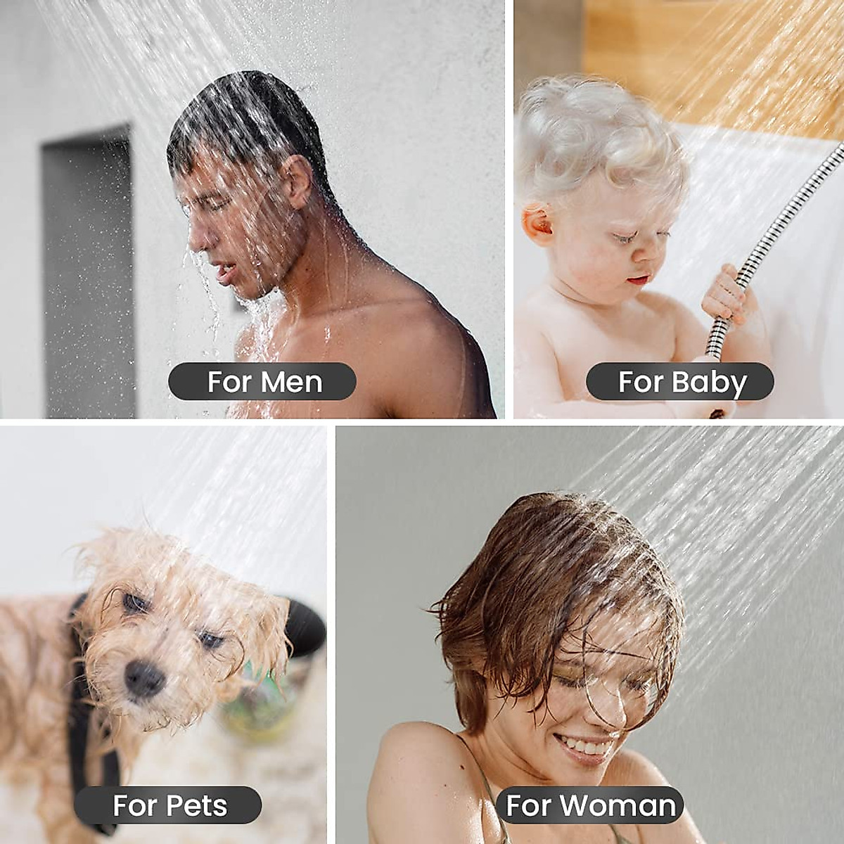 High Pressure Shower Head with Handheld Newentor Shower Head with 6 Spray Settings, Adjustable Detachable Universal Handheld Shower Head Replacement for Adults Children Pets Use, Chrome(No Hose）