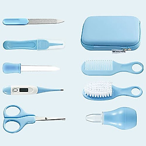 PandaEar Baby Healthcare and Grooming Kit, Baby Safety Set Baby Comb, Brush, Finger Toothbrush, Nail Clippers, Scissors, Nasal Aspirator, Baby Essentials Nursery Care Kit (Blue)