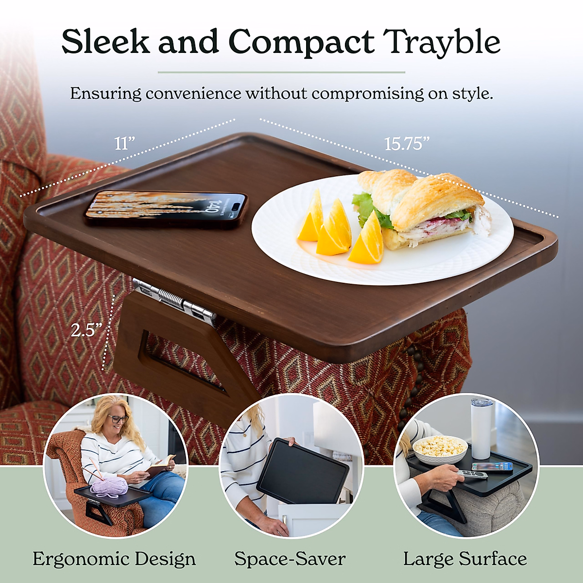 Shamrock Home Bamboo Trayble Couch Arm Table, Clip On Tray Sofa Table for Couches. Sofa Arm Tray for TV Dinners, Remotes, Drinks, Snacks and Small Spaces - 15.75 x 11inch, Brown