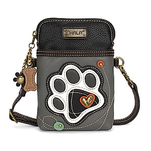 CHALA Cell Phone Crossbody Purse-Women PU Leather/Canvas Multicolor Handbag with Adjustable Strap - Paw Print - b&w -gray
