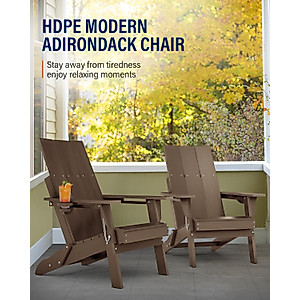 POWERWOOD Modern Adirondack Chair, Oversized HDPE Folding Adirondack Chairs Wood Texture, Higher Back Weather Resistant Adirondack Chair Set with Cup Holder, Fire Pit Chairs for Outdoor Patio (Teak)