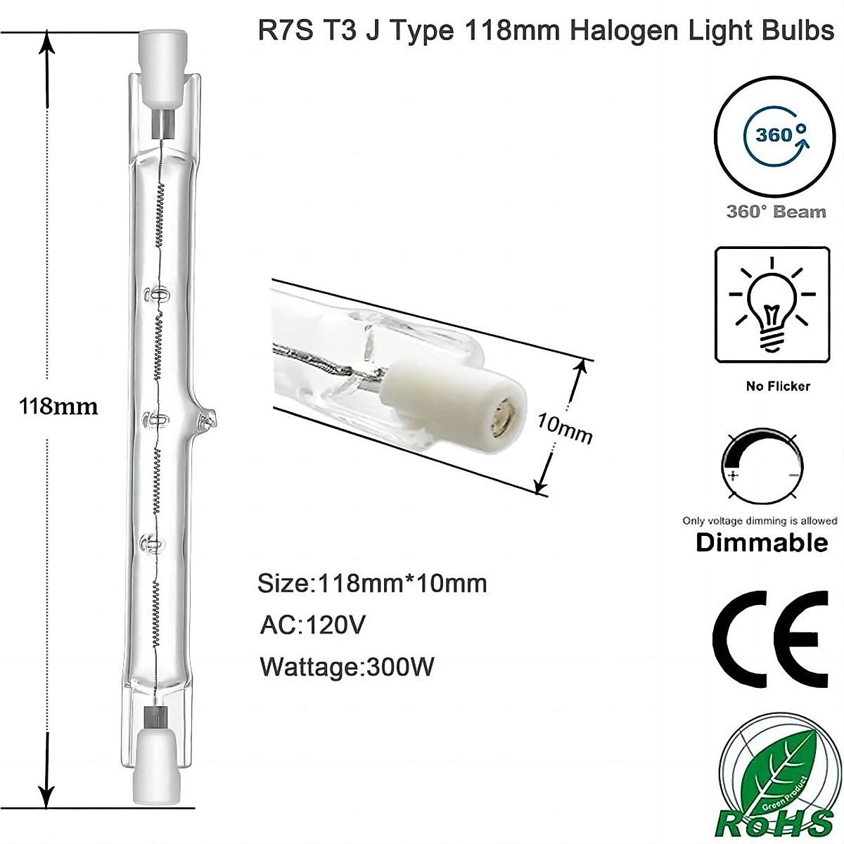 CMYBEN 4 Pack Halogen R7S 118mm 300W 120V Dimmable 4500lm Beam Angle J-Type Double Ended Floodlight Bulb 360° Warm White 2700K