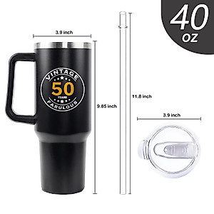 Qeenking 50th Birthday Tumbler - 40 OZ Stainless Steel Travel Mug with Handle and Straw - Keeps Drinks Cold/Hot for 12/6 Hours - The for Him/Her