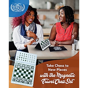 WE Games Mini Chess Set – 10 inch Foldable Pocket Chess Set, Flat Magnetic Chess Pieces, Portable and Travel Chess Set for Adults, White Logo