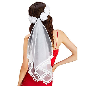 xo, Fetti Bachelorette Party Decorations Veil - White Flower Pom Pom Veil | Bridal Shower | Bride to Be Gift + Engagement Decorations