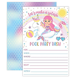 Your Main Event Prints Mermaid Unicorn Pool Party Birthday Invitations - Summer Pool Party Bash - Splash Pad, Water Park Invites - 20 Fill-In Unicorn Mermaid Invitations and White Envelopes