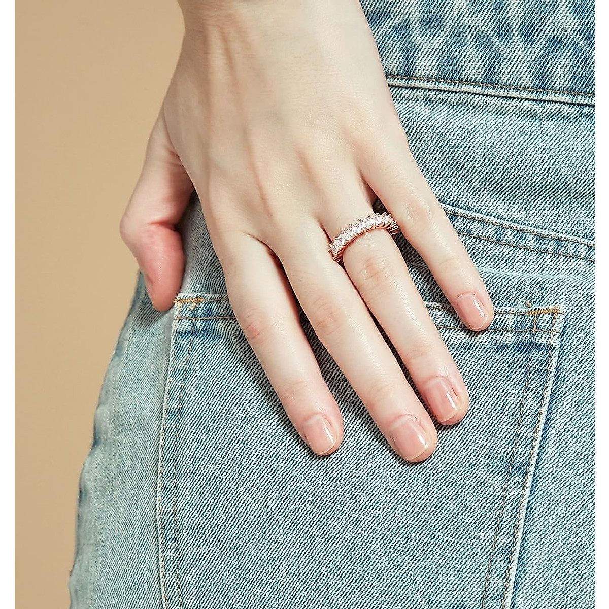 TIGRADE 4mm Eternity Ring Princess Cut Square Cubic Zirconia Engagement Wedding Band for Women Size 5 to 11,Rose Gold,Size 7