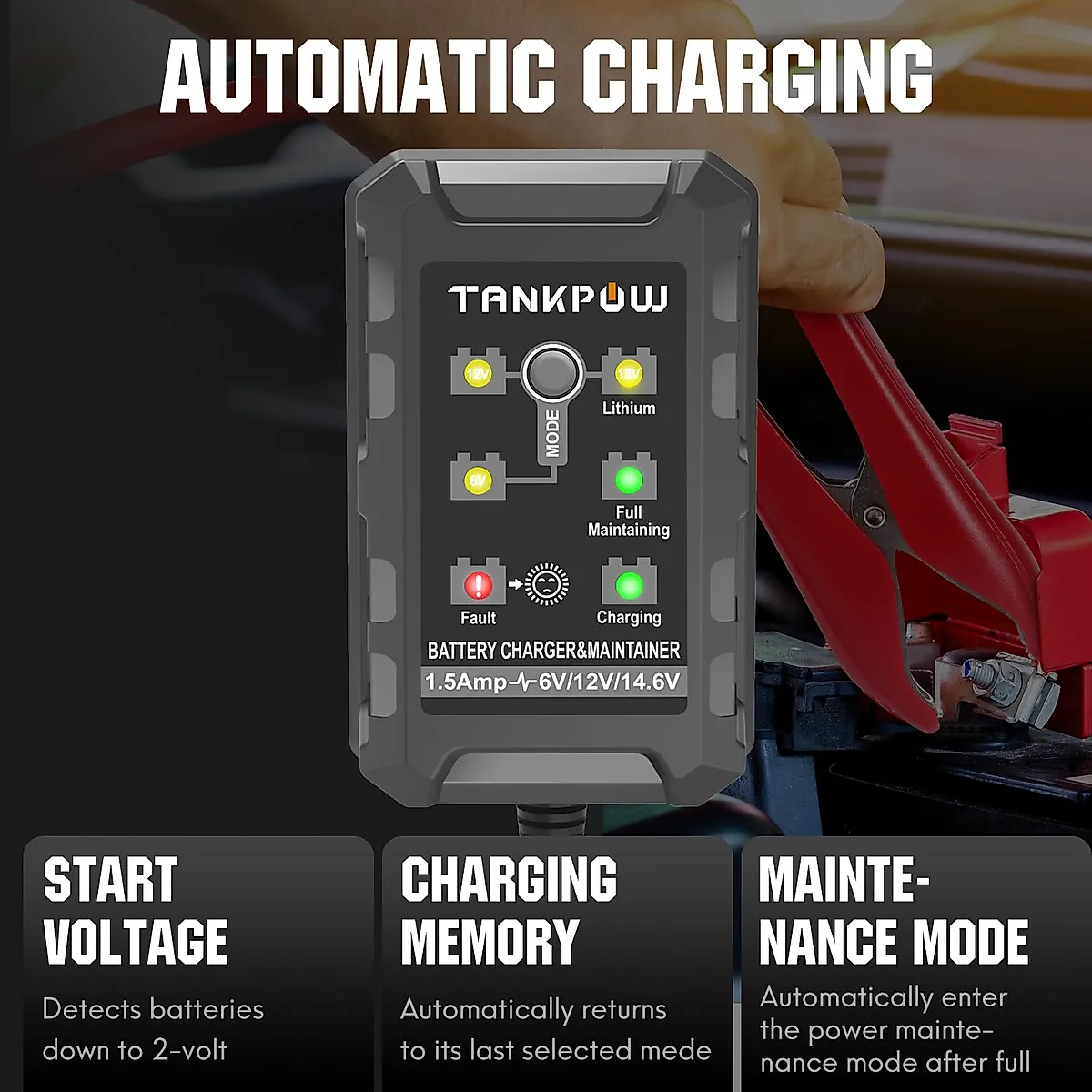 TANKPOW 1.5-Amp Smart Car Battery Charger,6V and 12V Automotive Battery Charger Battery Maintainer,Trickle Charger,Float Charger for Cars,Motorcycle,ATV,AGM,Gel,Lithium and Deep Cycle Batteries