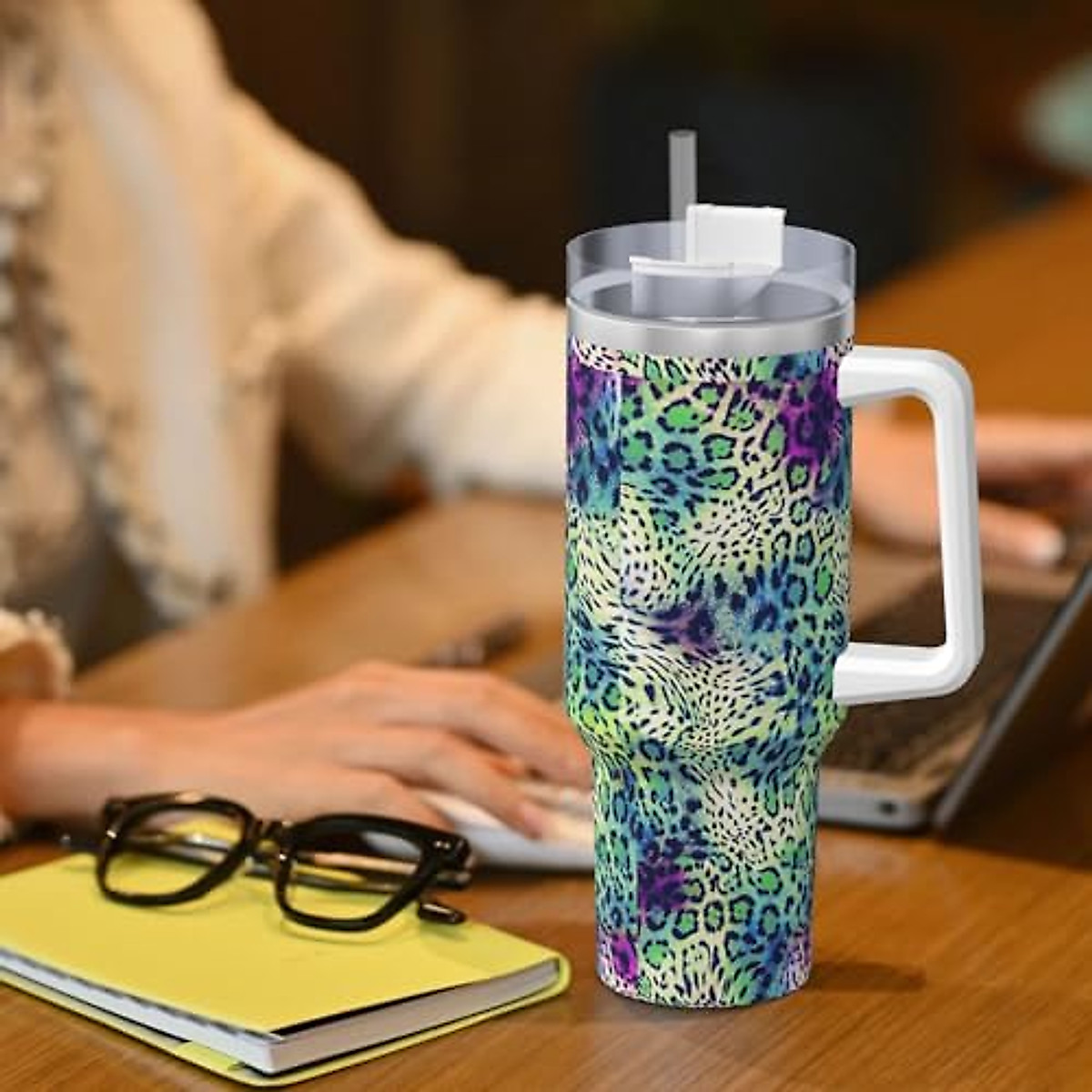 HULIBIN Green Leopard Print Double Deck Stainless Steel Travel Coffee Cup With Lid 40 Oz Ice Bully Cup