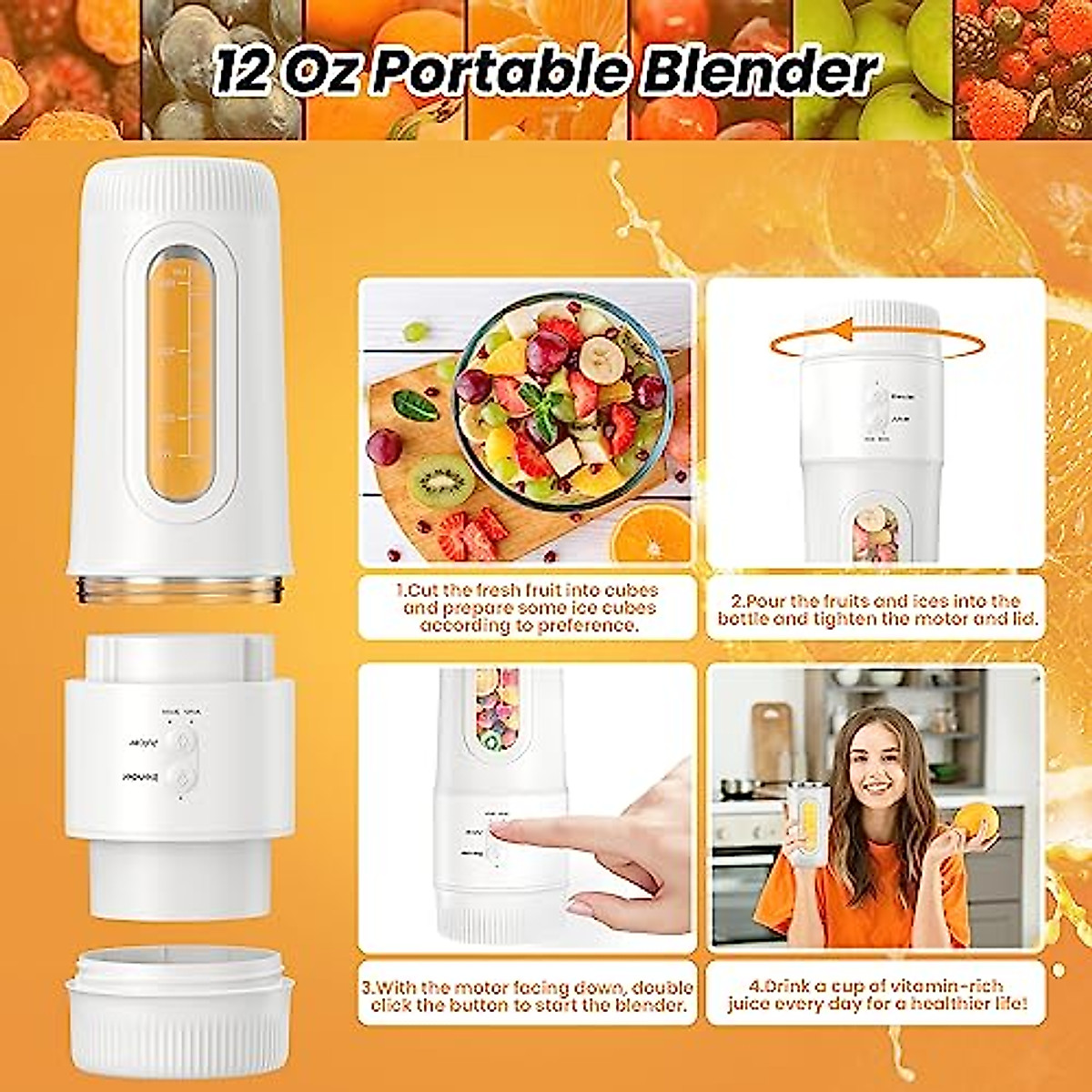 2 in 1 Portable Blender with Citrus Juicer, Blender for Shakes and Smoothies, Personal Smoothie Blender with 12 Oz Travel Cup and Lid, USB Rechargeable Mini Blender Smoothie Maker Lemon Orange Juicer