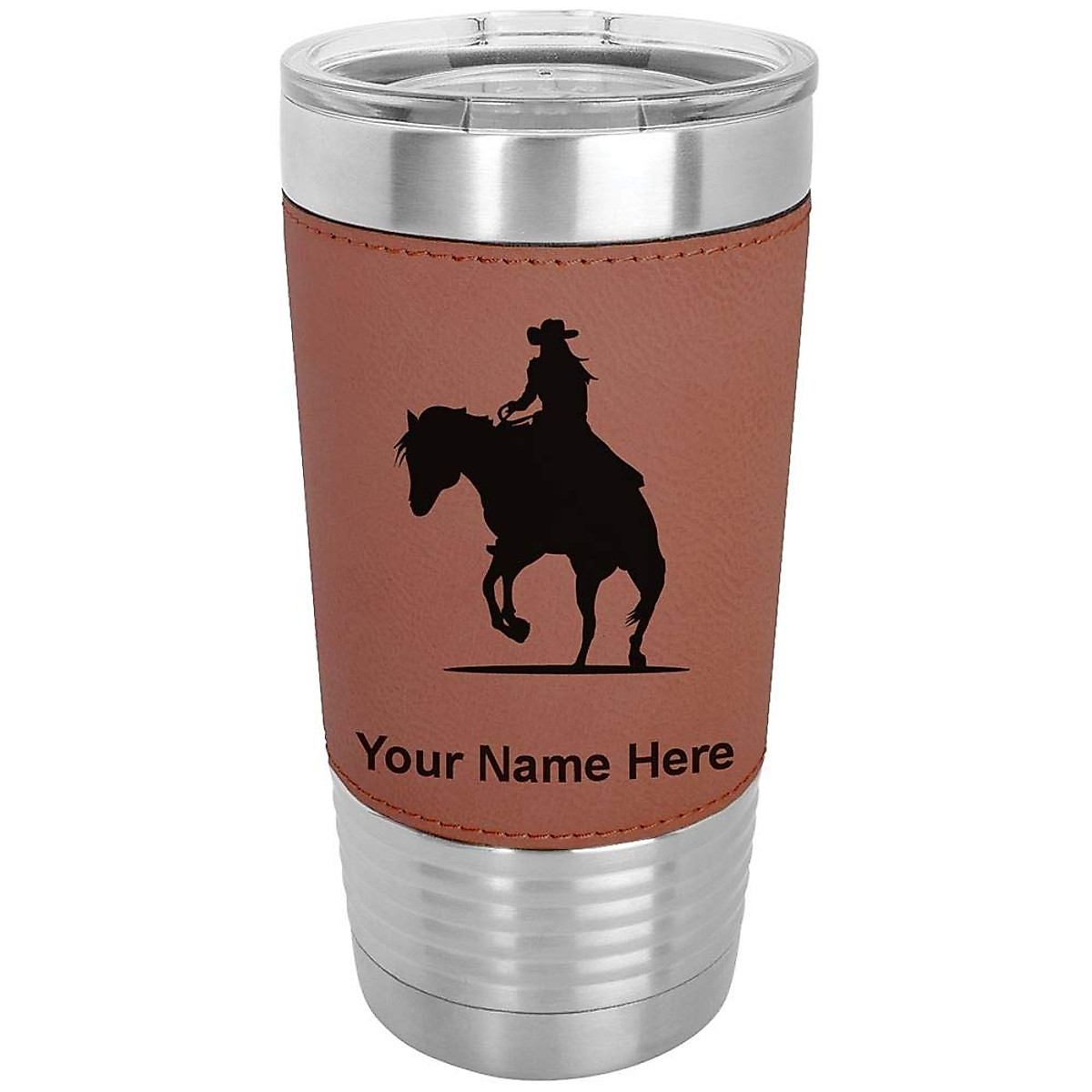LaserGram 20oz Vacuum Insulated Tumbler Mug, Cowgirl Riding Horse, Personalized Engraving Included (Faux Leather, Dark Brown)
