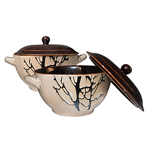 ECODECO Bake & Serve - Large Ceramic Soup Bowls With Handles - 30 Ounce - Set of 2 - Oven-, Microwave and Dishwasher Safe Pots with Lids