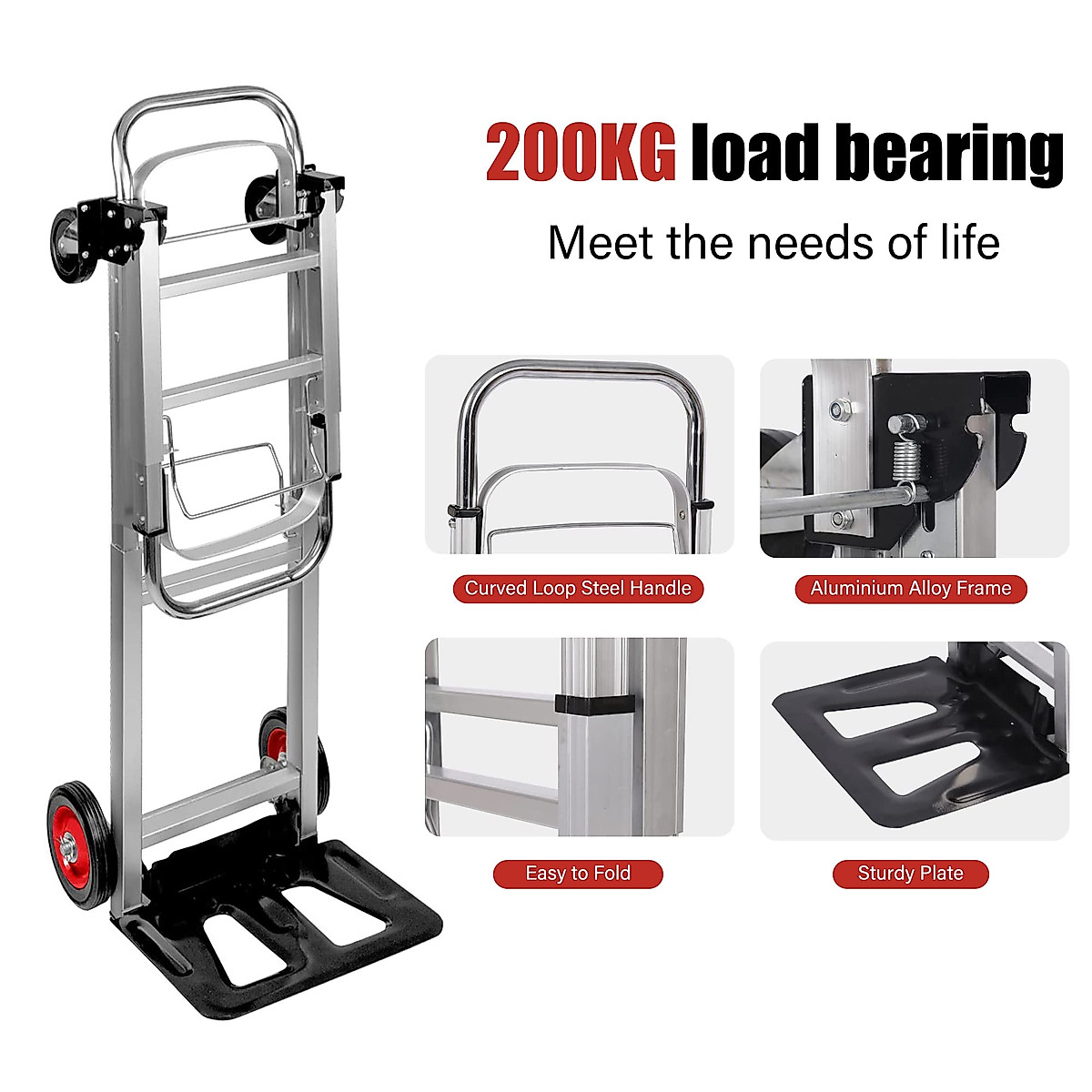 Folding Hand Truck, 3 in1 Aluminum Hand Truck with 3-Position Folding Pulley Handles, Load Capacity 220 lbs