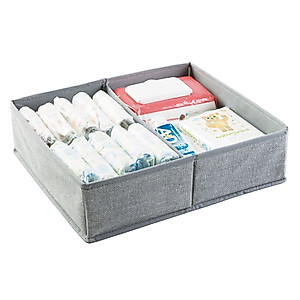 mDesign Soft Fabric Dresser Drawer and Closet Storage Organizer Bin for Child/Kids Room, Nursery, Playroom - Divided 2 Section Tray - Textured Print, 2 Pack - Gray