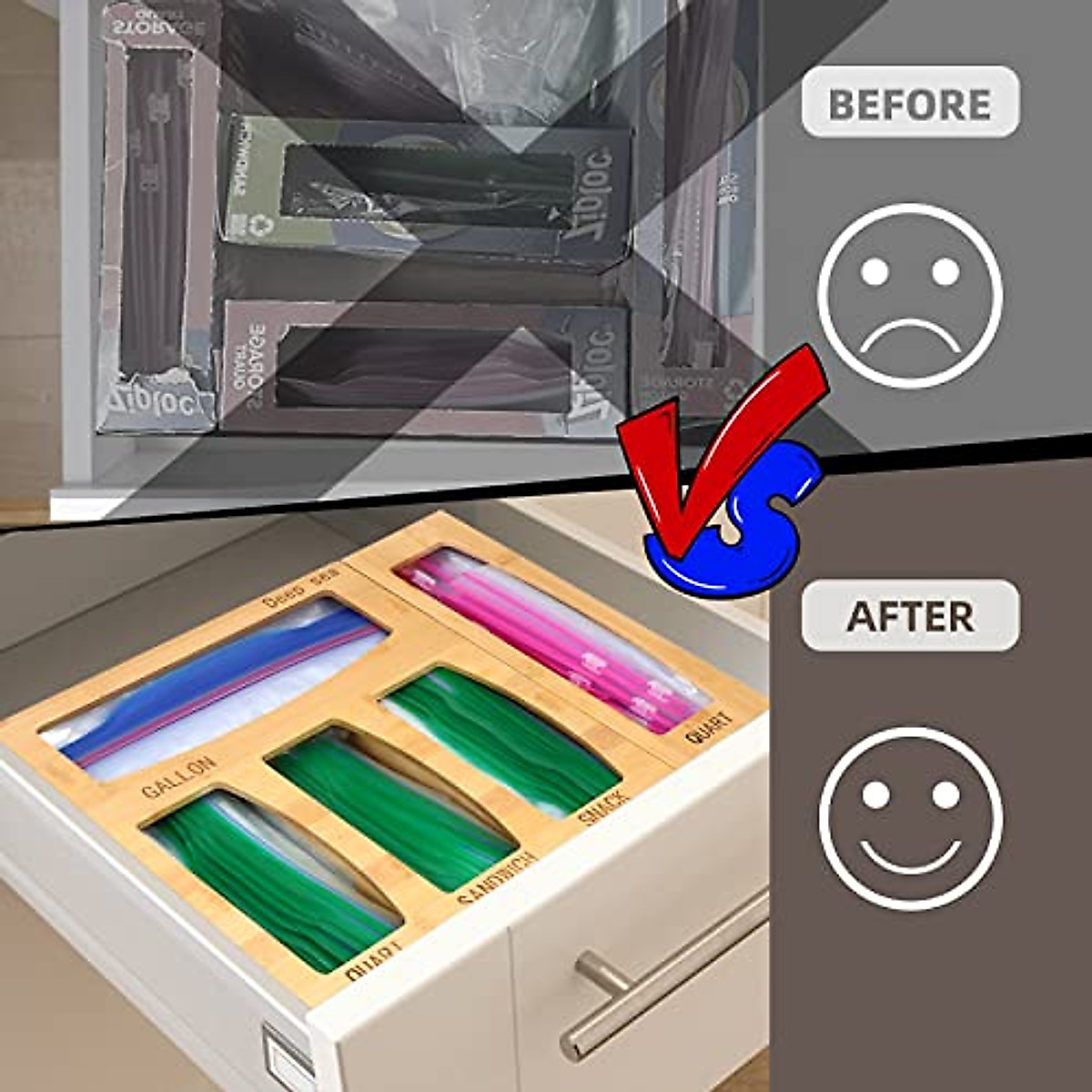 Deep sea Ziplock Bag Storage Organizer and Dispenser for Kitchen Drawer, Bamboo Kitchen Food Storage Bag Holders Compatible with Gallon Quart Snack Bags & Sandwich