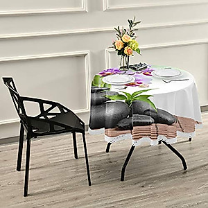 Pfrewn Spa Zen Garden Round Tablecloth Basalt Stones Orchid Table Cloth Cover Mat Lace Washable Polyester 60" Dining Decorative for Holiday Home Party Wedding Picnic