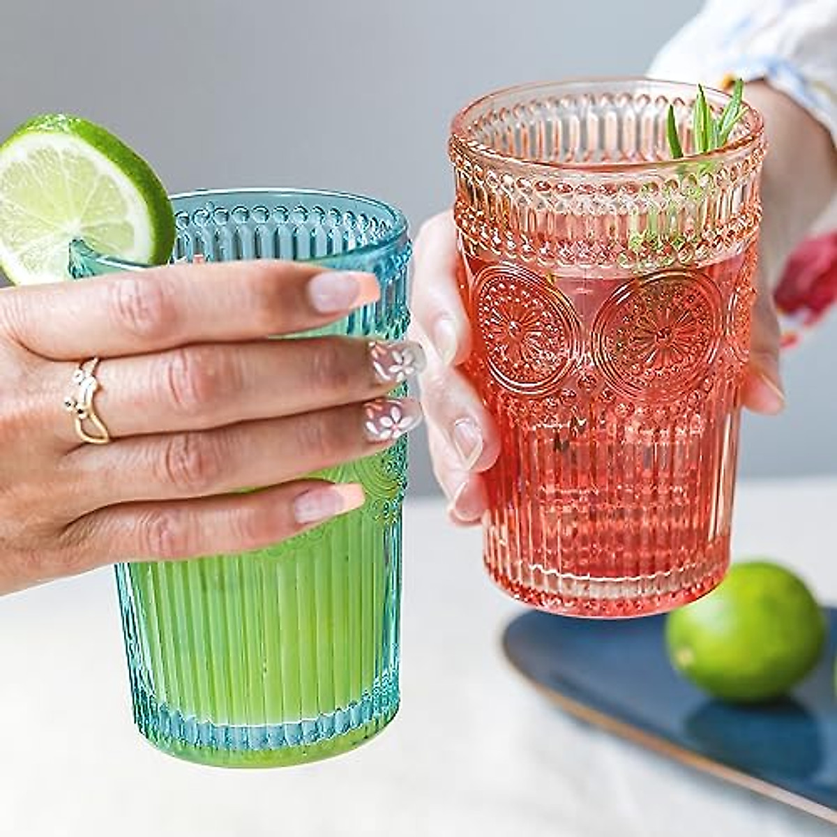 Vintage Textured Rose Gold Striped Drinking Glasses Set of 6, (13 oz) Ribbed Glassware Set | Cocktail Set, Ice Tea Glasses, Juice Glass, Water Cups