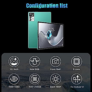 Dpofirs 12S pro Android Tablet 10 inch, Android 12 Tablet, 8GB RAM 256GB ROM, 128G Expand Android Tablet with Dual Camera, WiFi, Bluetooth, 7000mAh, Gifts, Green
