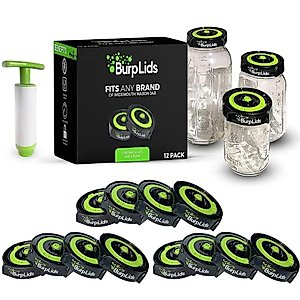 Burp Lids 12 Pack Curing Kit - Fits All Wide Mouth Mason Jar Containers - A Home Harvesting Essential. 12 lids + extraction pump. Vacuum sealed for successful cure.