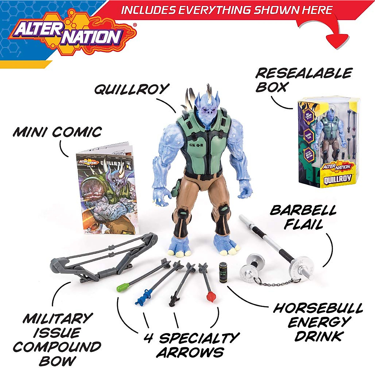 Alter Nation Quillroy Human Porcupine Rhino Bat Hybrid Web Cartoon Dark Horse Comics Graphic Novel Action Figure with Porcupine Projectile Quills & Mini Comic Book Great Gift for Kids 6 & Up