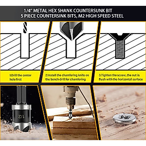 Countersink Bit Set for Metal, M2 Cobalt Countersunk Bits 5 Pieces, 1/4" Hex Shank Countersunk Bit Set for Drilling in Copper, Aluminum, Wood, Plastic