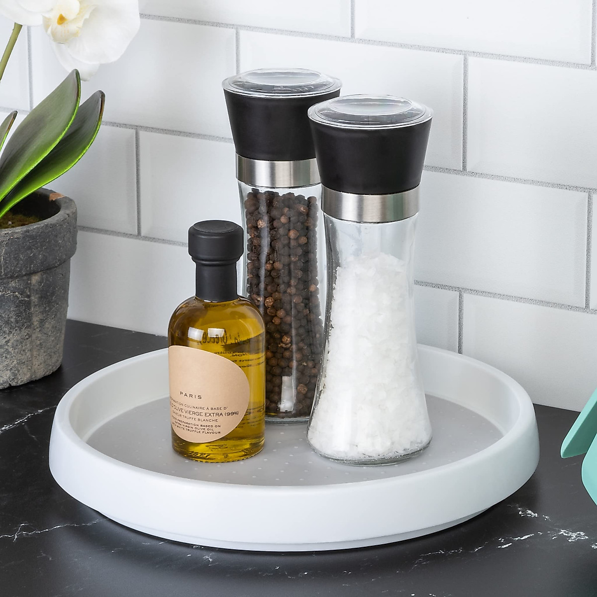 Smart Design Lazy Susan Turntable - 10 Inch - Non-Slip Lining and Feet - BPA Free - Cupboard, Fridge, Jars, Spices, Cans, Cabinet, Countertop, Pantry, Storage, Kitchen Organizer - White with Gray