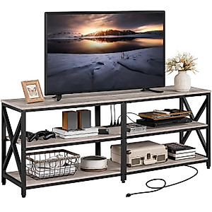 Yaheetech TV Stand with Power Outlet for 70 Inch TV, 3 Tiers TV Storage Cabinet, Entertainment Center with Charging Station for Living Room, Gray