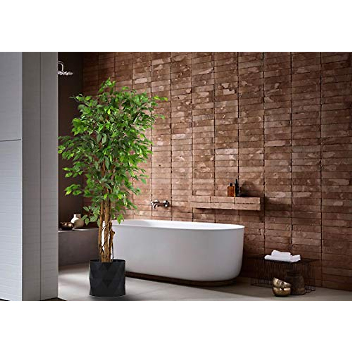 Deluxe 6 Feet Tall FICUS Silk Leaf Artificial Tree + 8" Base + 12" Plant Pot Skirt. 18 Feet of Vine Adorn Wide Real Trunks with Green Leaves Allowing Maintenance Free in-Door and Outdoor Use