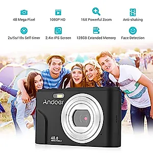 CalmGeek Portable Digital Camera 48MP 1080P 2.4-inch IPS Screen 16X Zoom Auto Focus Self-Timer 128GB Extended Memory Face Detection -Shaking with 2pcs Batteries Hand Strap Carry Pouch
