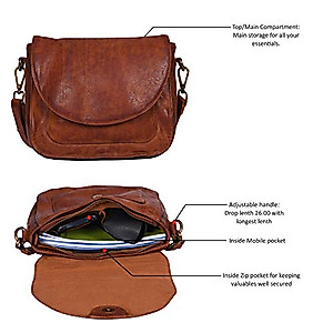 Small Vintage Look Genuine Leather Shoulder Crossbody Purse Crossover Bag for Women (Tan Wash)