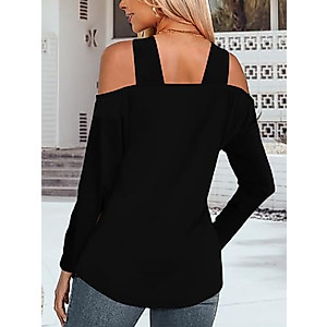 Bellcoco Womens Fashion Cold Shoulder Tops V Neck Black Blouse Tunic Shirts Summer Long Sleeve T Shirts