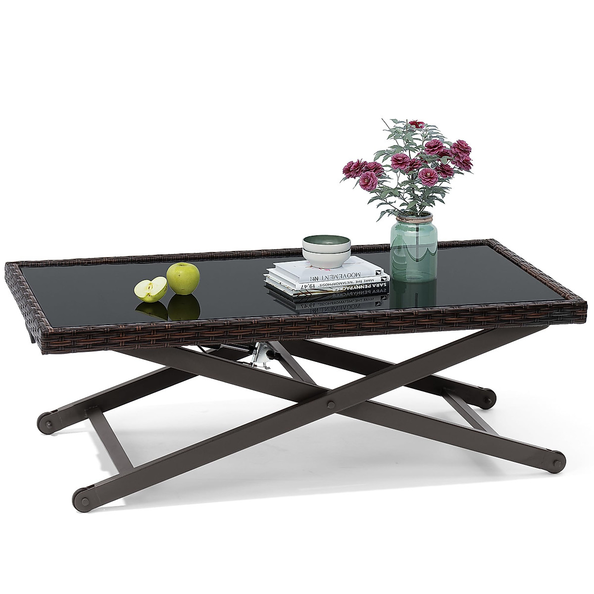 JOINHOM Patio Coffee Table Height Adjustable - Outdoor Coffee Side Table with Waterproof, Rust-Proof, Patio Tables Rectangle Coffee Tables Fit with Patio Conversation Set, Dark Brown