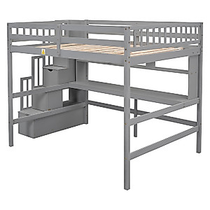 Bellemave Full Size Loft Bed with Desk and Storage Shelves,Wood Loft Bed Frame with Storage Staircase,High Loft Bed Full for Kids,Teens, Adults,Grey