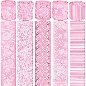 5 Rolls 30 Yards Floral Wired Edge Ribbon 2.5'' Pink Rose Flowers Printed Decorative Ribbon for Gift Wrapping Hair Bow Wreath Making for Wedding Valentine's Day Crafts Supplies