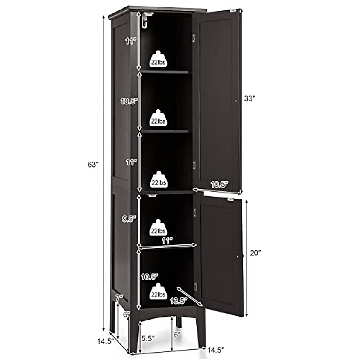Giantex Storage Cabinet Bathroom High Cabinet with 5 Tier Shelves, Freestanding Slim Cabinet, Tall Organizer for Bathroom, Kitchen, Living Room, Bedroom Linen Tower Narrow Floor Cabinet (Dark Coffee)