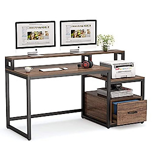 Tribesigns Computer Desk with File Drawer and Storage Shelves, 60 inch Vintage Large Home Office Desk Computer Table Study Writing Desk Workstation with Hutch (Dk Brown)