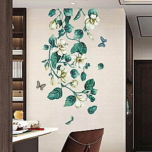 LiveGallery Removable Vinyl Fresh Green Leaf and White Flower Wall Sticker Murals Kids Girls Bedroom Nursery Rooms Wall Decals 3D Peel and Stick Decor for Home Living Room Offices Wall Corner